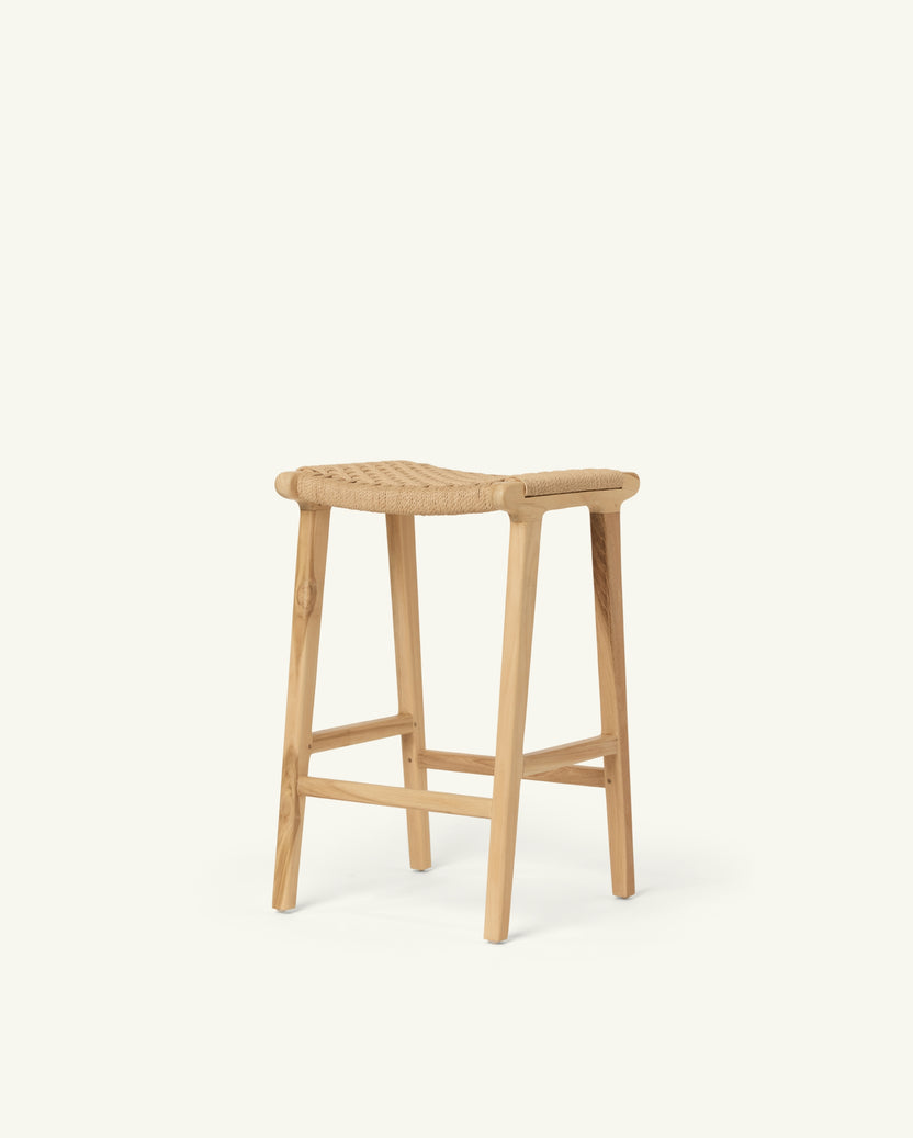 Stool #3 - Counter Stool in Teak with Woven Neutral Leather – Hati Home