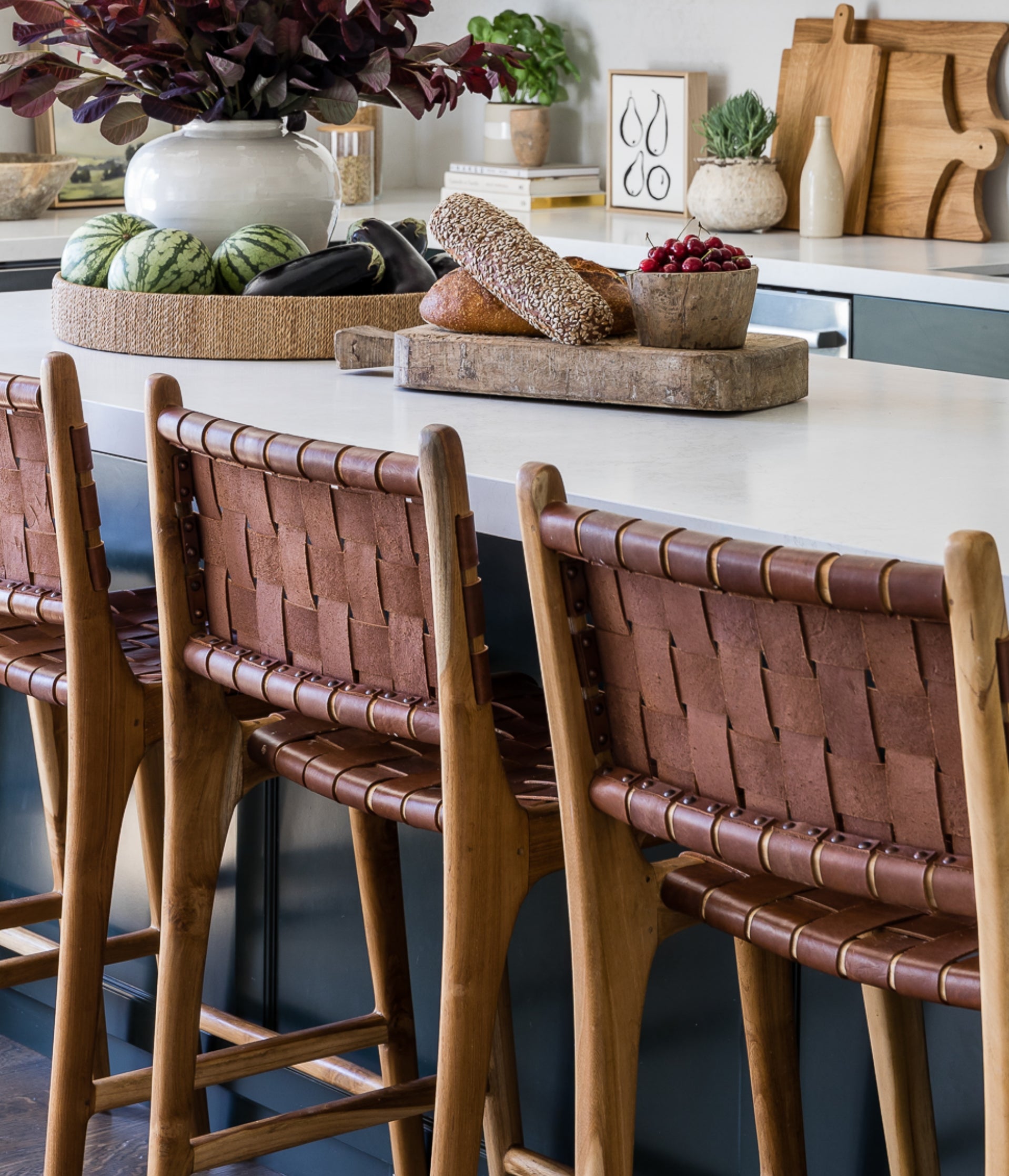 Stool 2 Counter Stool in Teak with Woven Brown Leather Hati Home